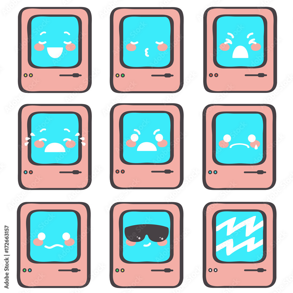 Collection of nine little pink emoticons expressing different emotions ...
