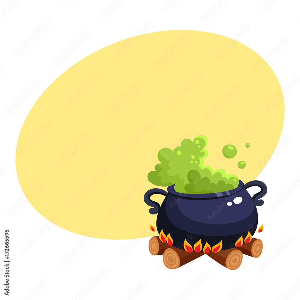Halloween caldron, cauldron with boiling green potion on wood fire ...