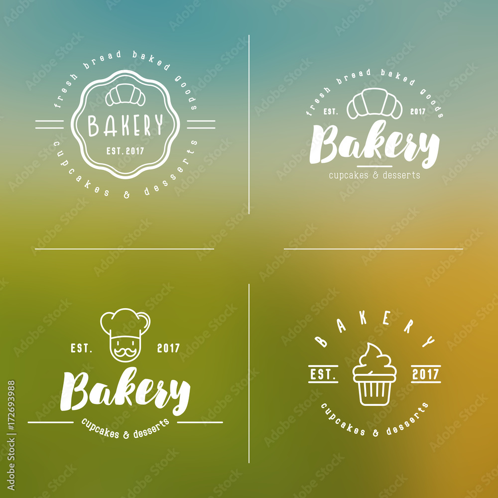 Four different styles of bakery logo with thin line icons of chef ...