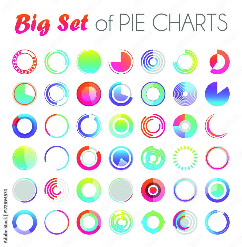 Big set of pie charts for data visualization. Gradient colors ...