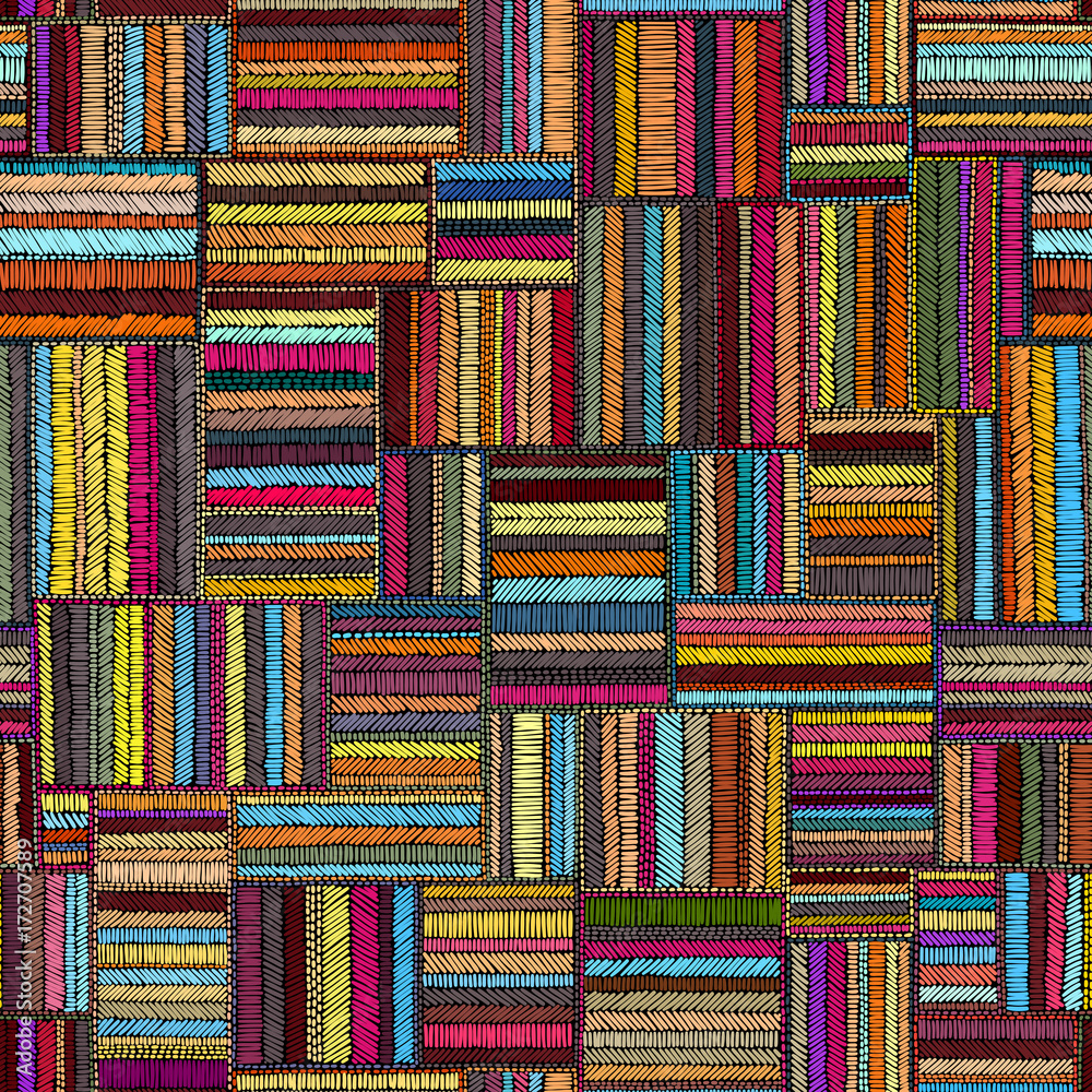 Embroidery - seamless ornament. Colored lines on a black background ...