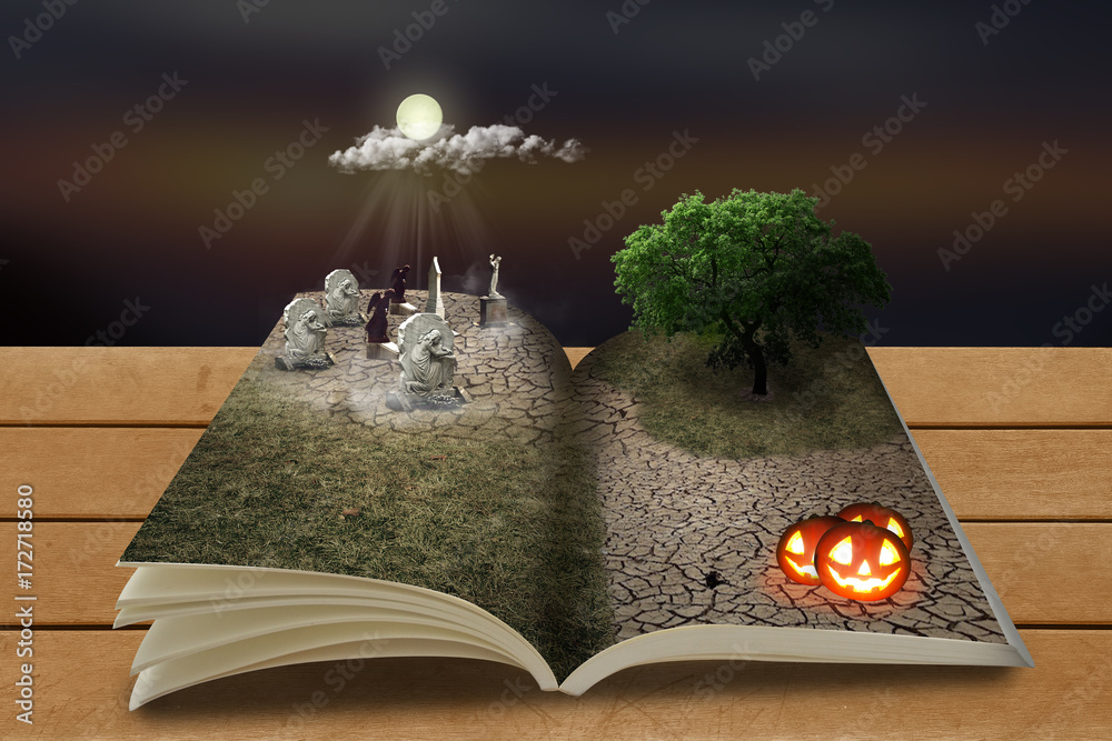 Halloween concept, open book on wooden table. with digital ...