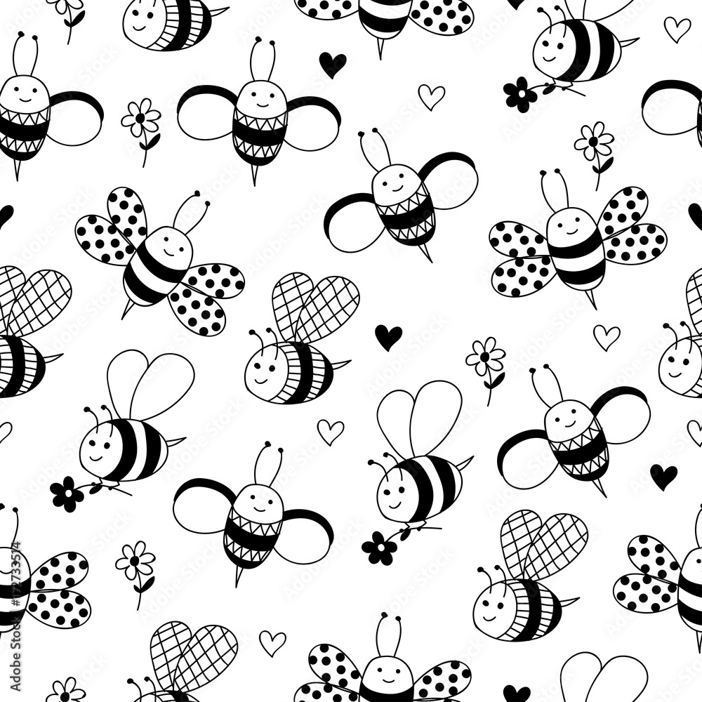 Poster Black and white background with hadn drawn bees and flowers ...