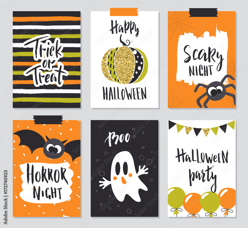 Set of Halloween hand drawn greeting card with calligraphy quotes ...