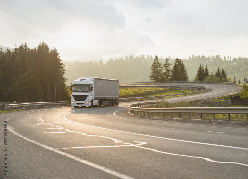 Cargo truck on a road through the countryside Stock Photo | Adobe Stock