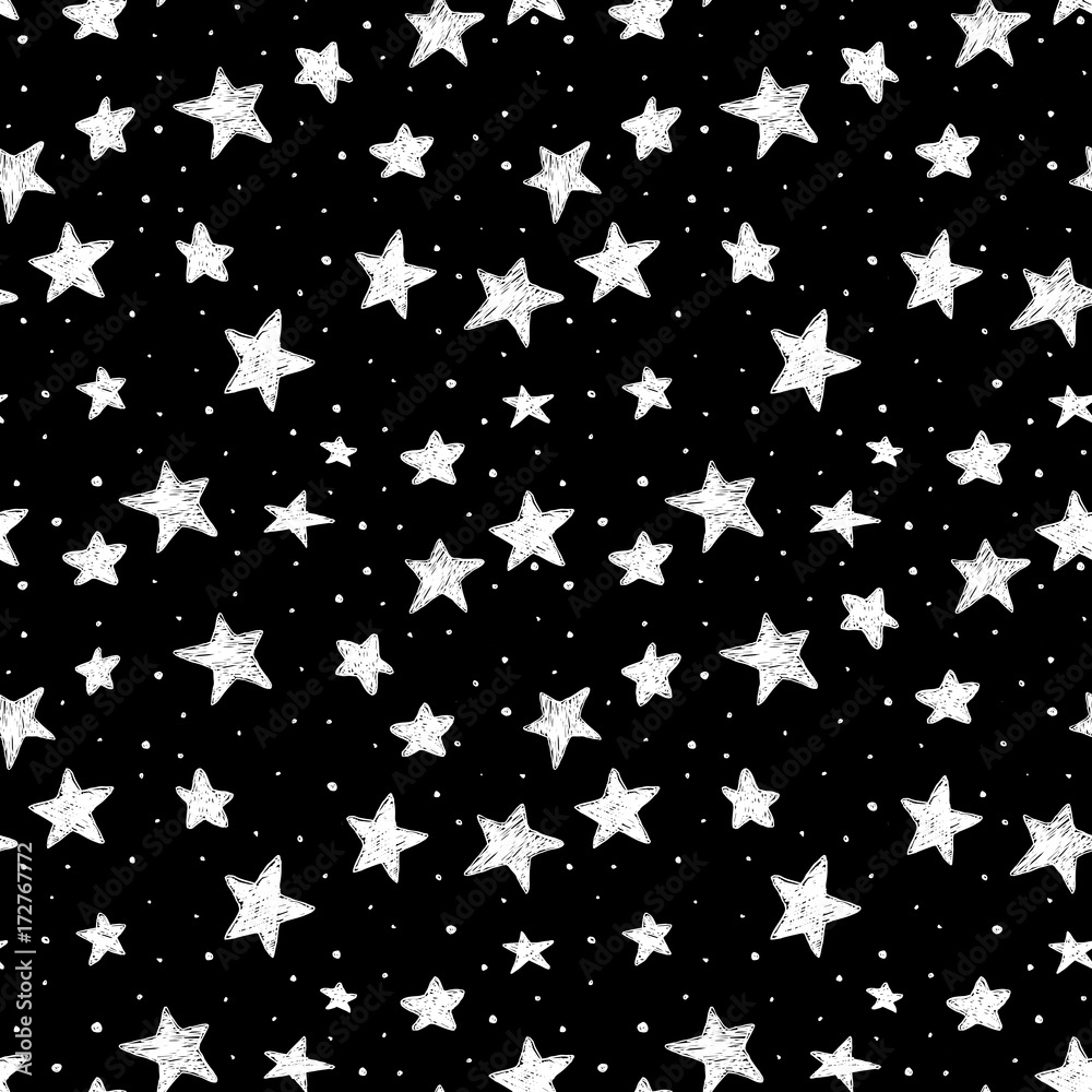 beautiful seamless pattern hand drawn doodle stars black and white ...