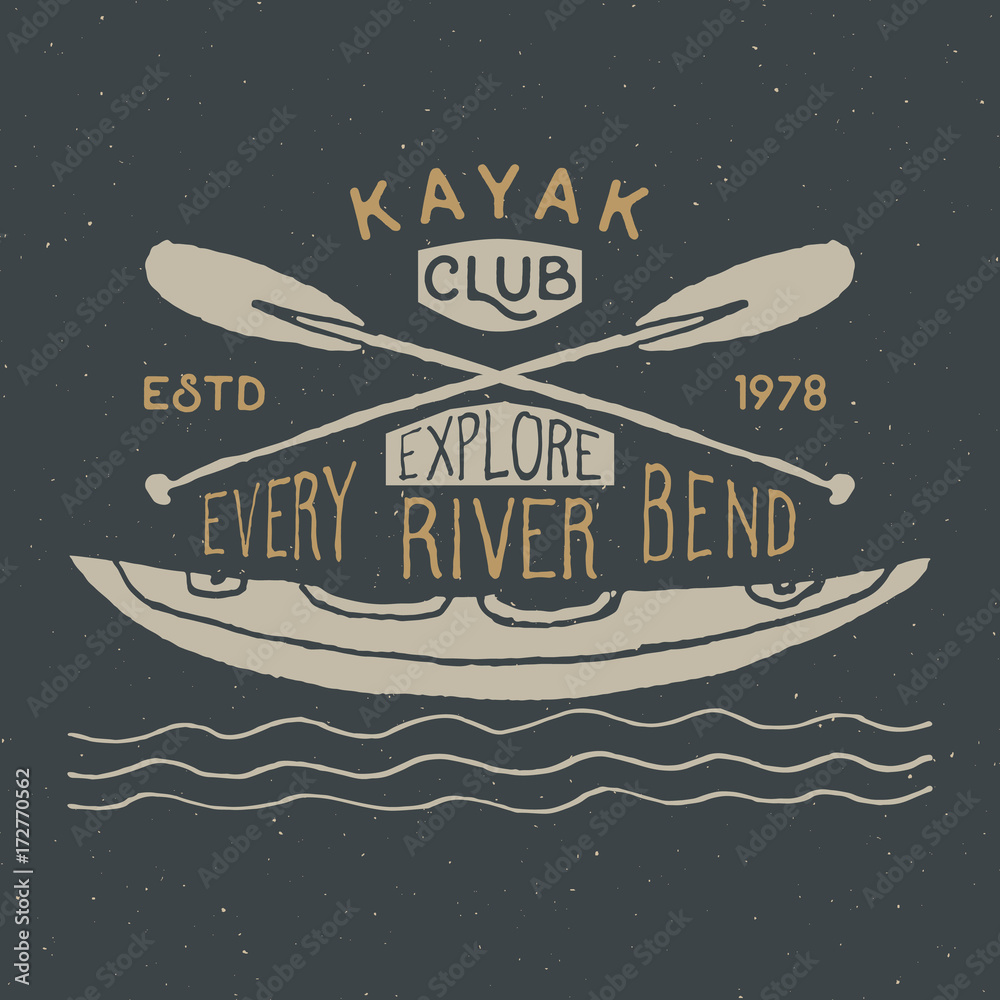 Kayak and canoe vintage label, Hand drawn sketch, grunge textured retro ...
