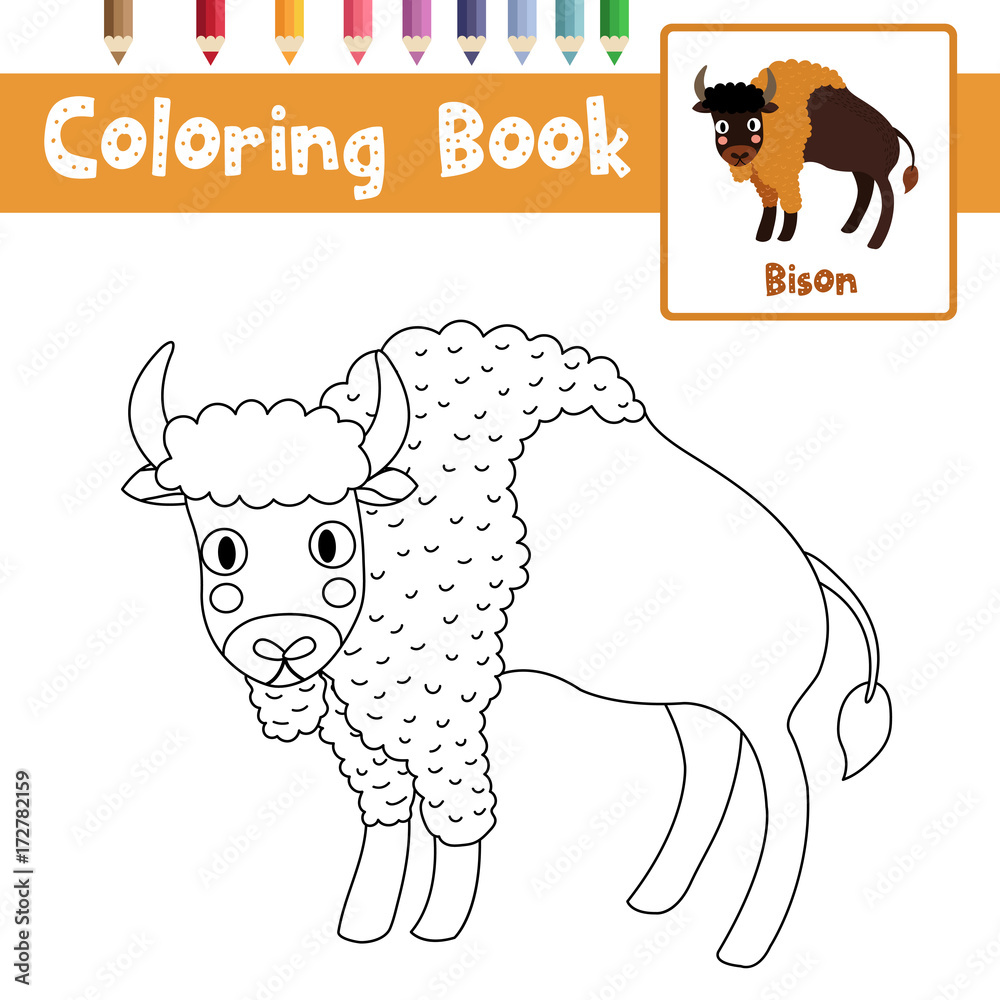 Coloring page of Standing Bison animals for preschool kids activity ...