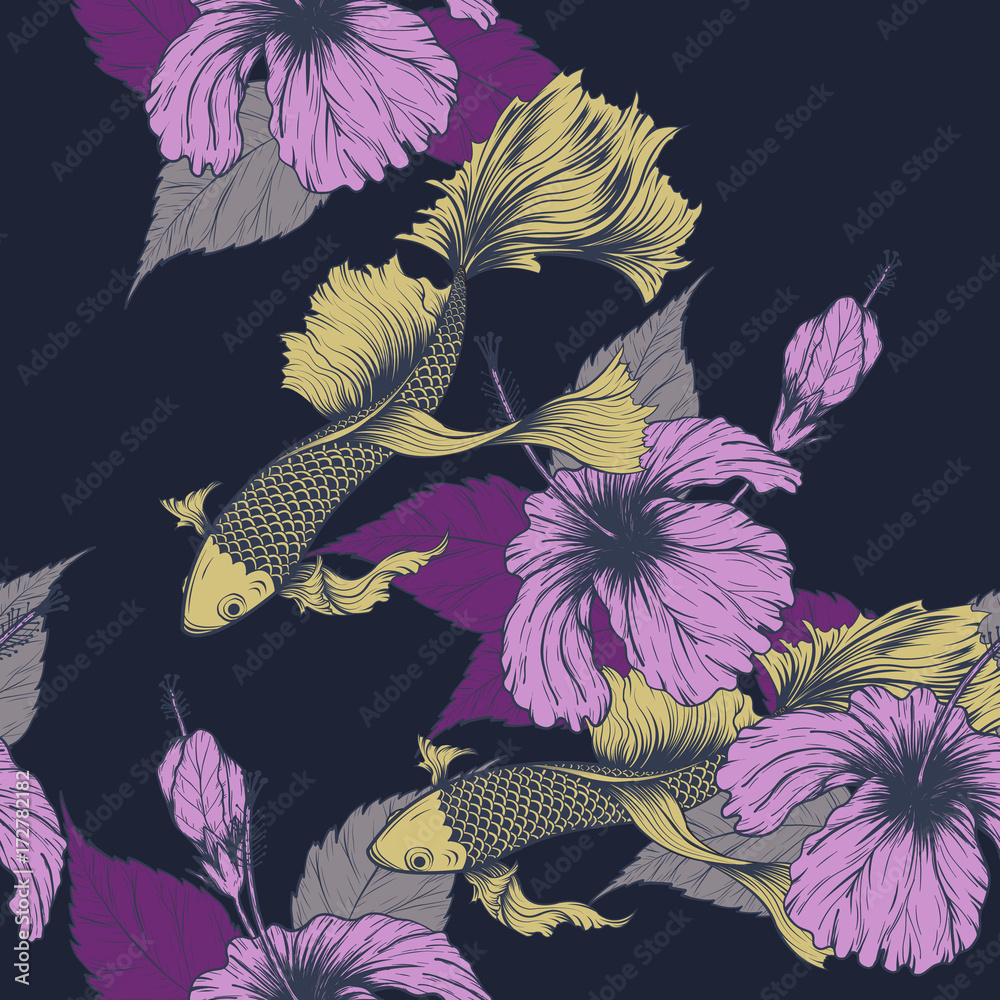 Koi fish and Hibiscus flower pattern by hand drawing.Tattoo art highly ...