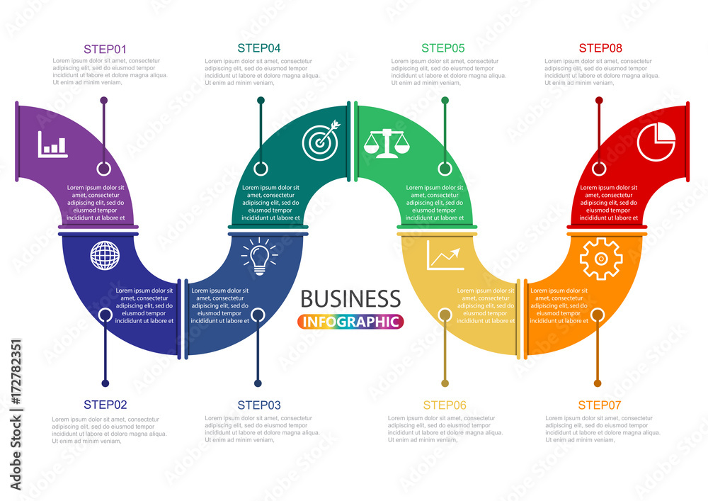 Timeline infographics design template with 8 options, process diagram ...