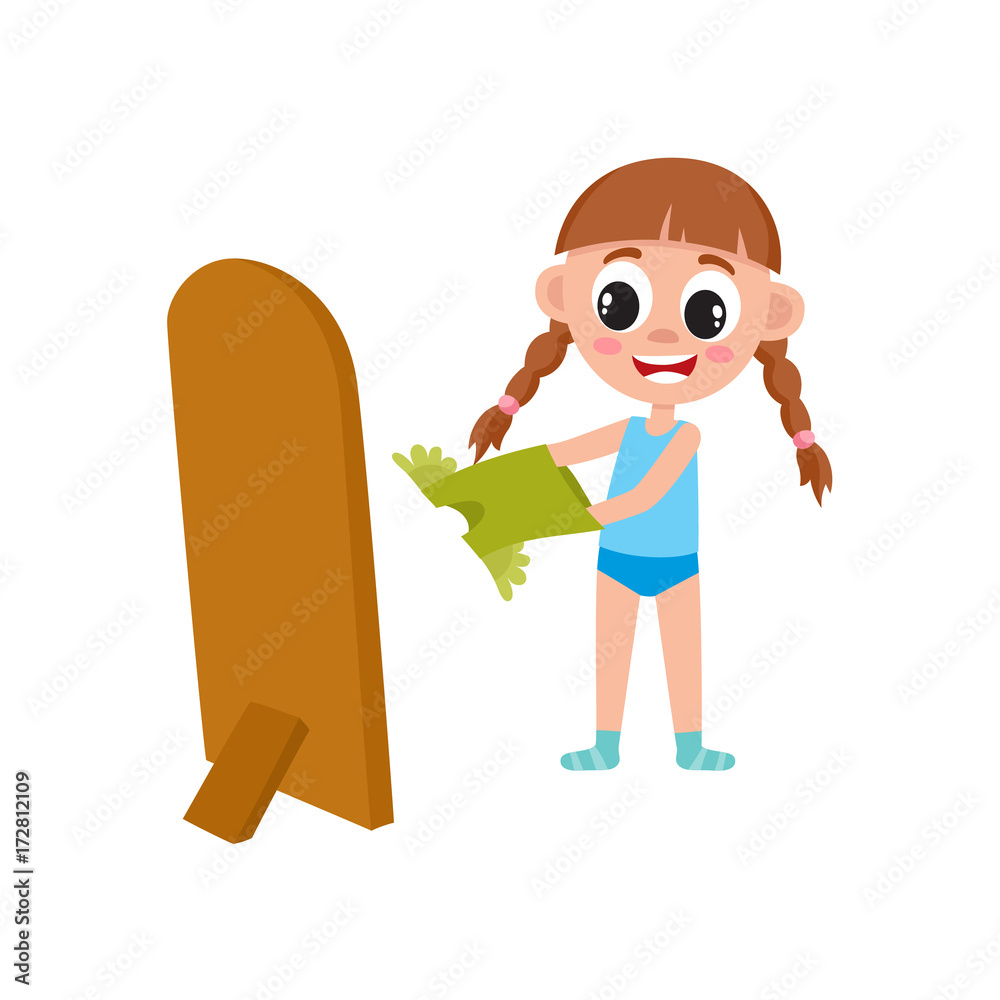 vector flat cartoon girl kid dressing in front of the mirror. Isolated ...