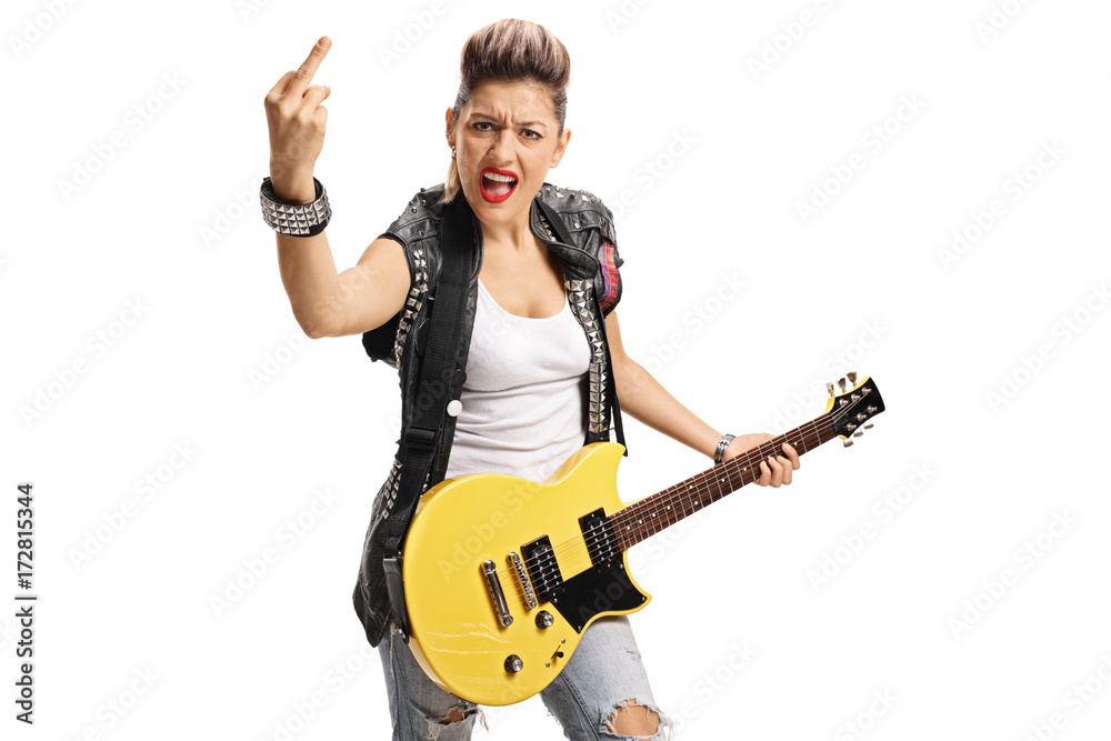 Foto de Angry punk girl with electric guitar showing her middle finger ...
