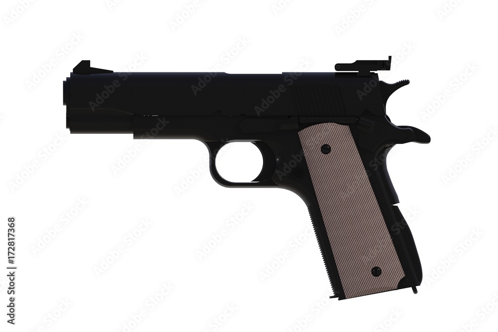 Beside view of black M1911 semi-automatic .45 caliber pistol isolated ...