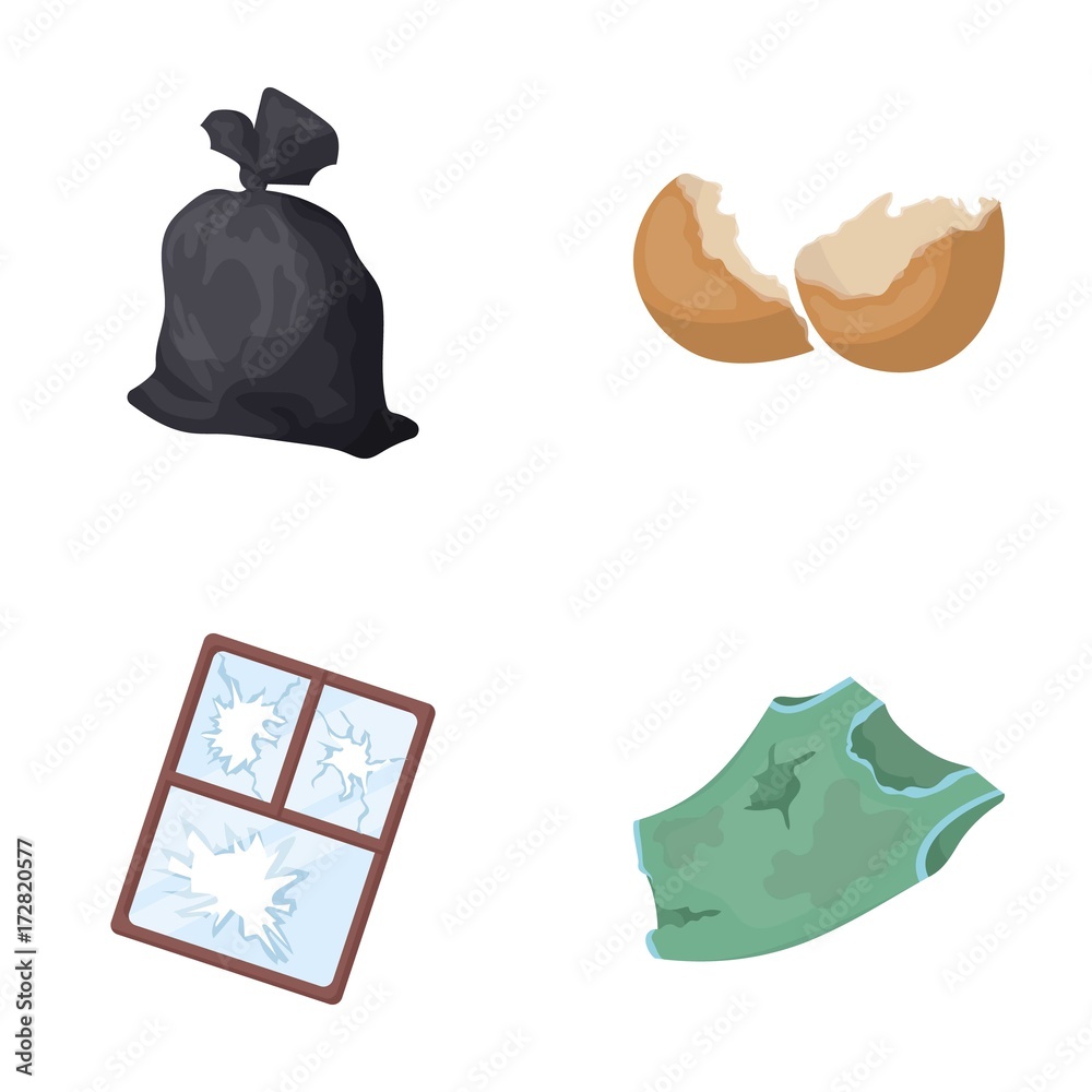 A garbage bag, a broken egg shell, a torn dirty T-shirt, a broken ...