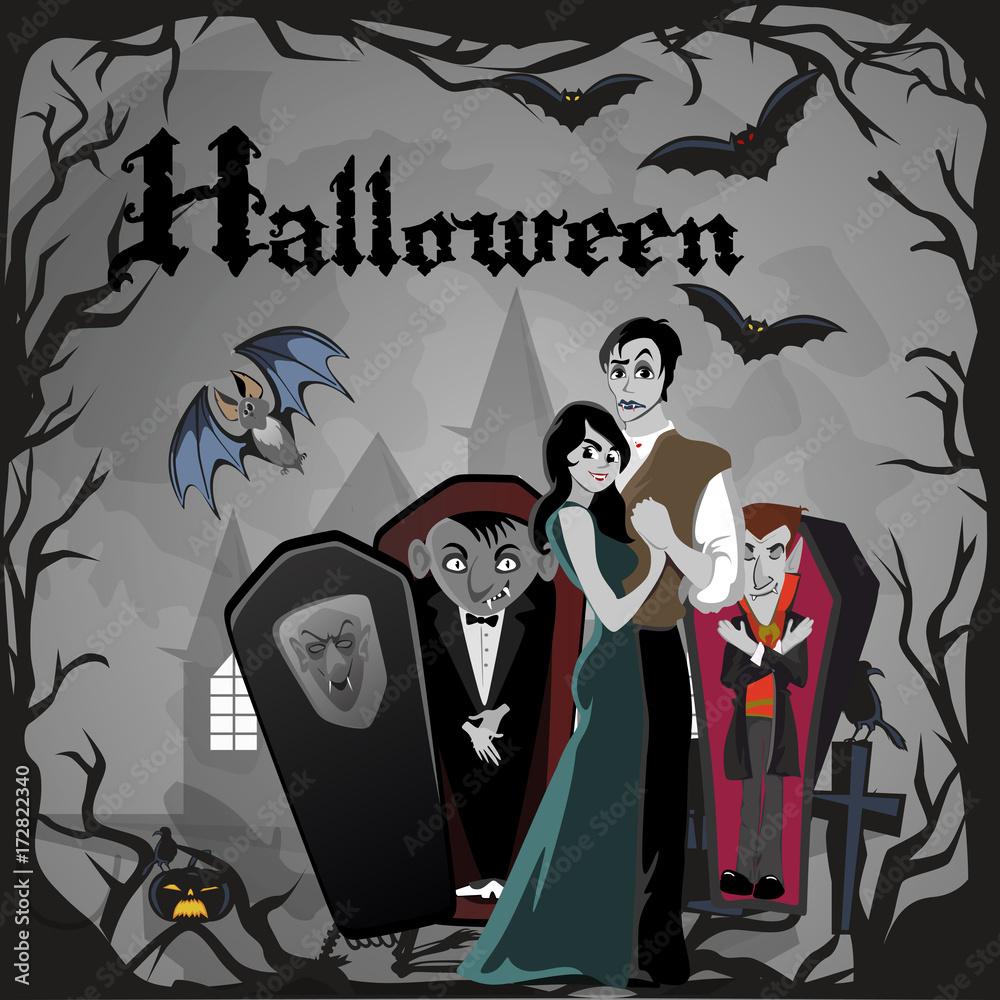 halloween gothic party with vampire couple, fun background for horror ...