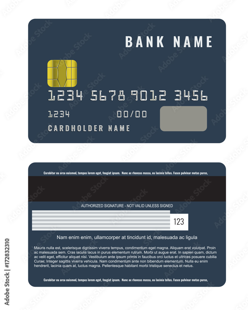 Realistic credit card with a chip front and back side view mock up ...