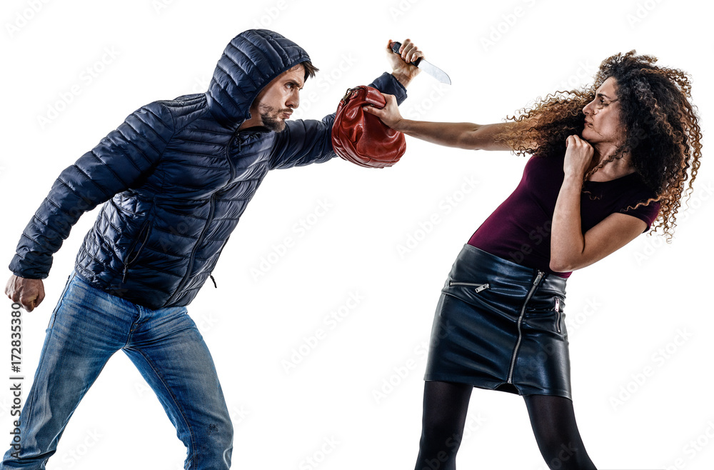 one caucasian woman victim of a thief aggression self defense isolated ...