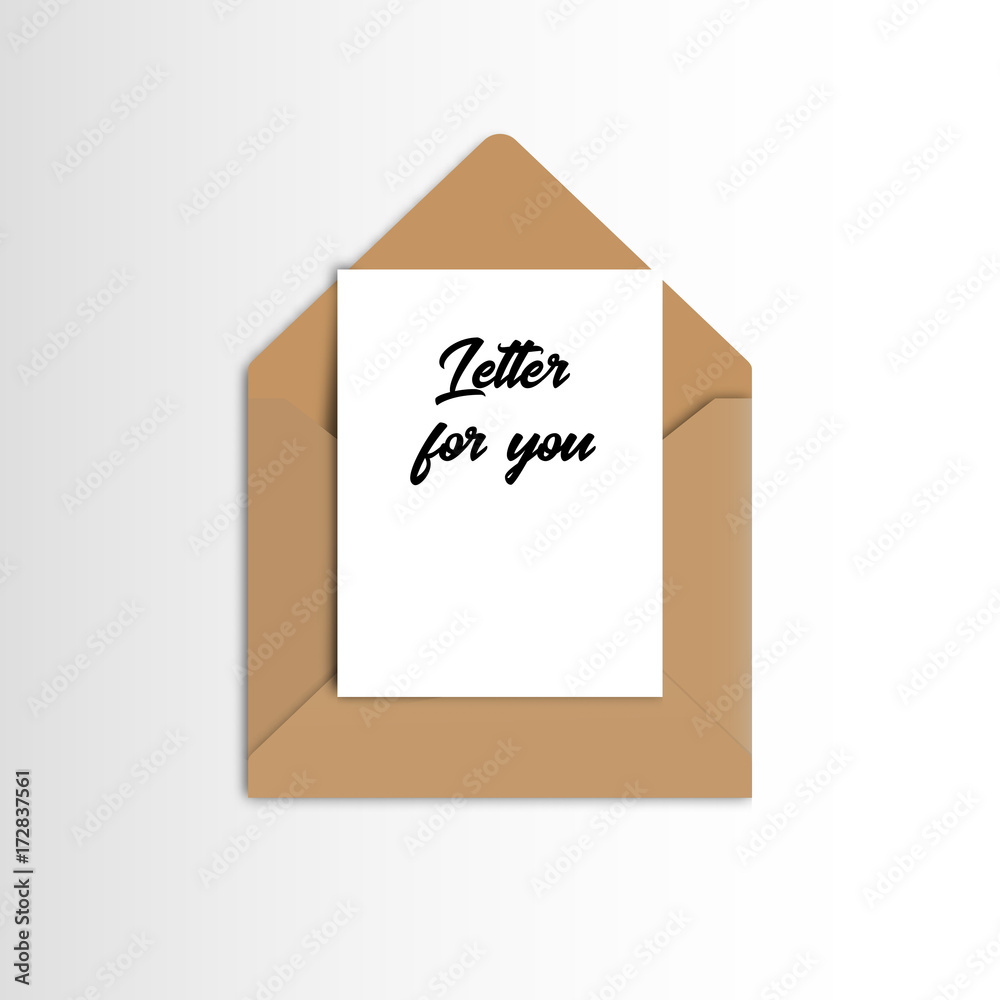 Realistic illustration of open brown envelope with white letter. Layout ...