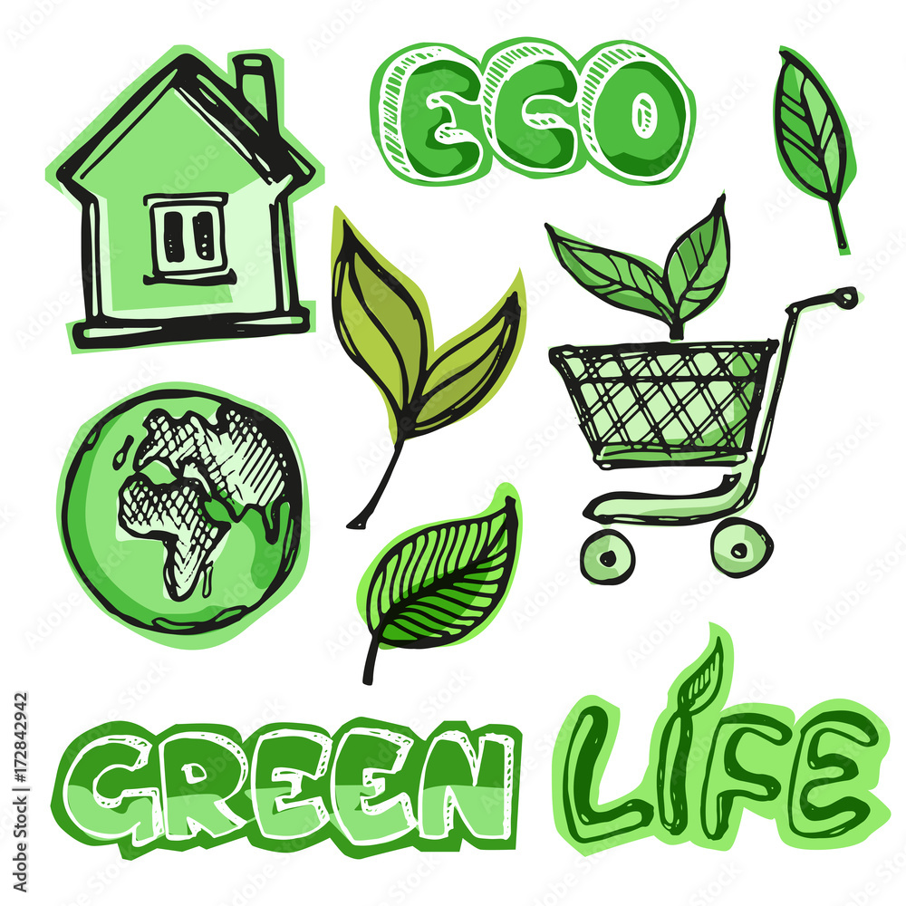 Hand drawing Eco friendly set. Vector illustration. Stock Vector ...