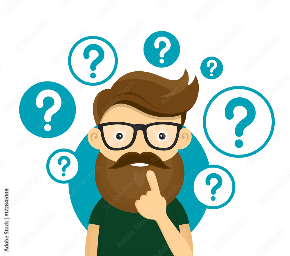 Young hipster business man thinking standing under question marks.Young ... Young hipster business man thinking standing under question marks.Young ...