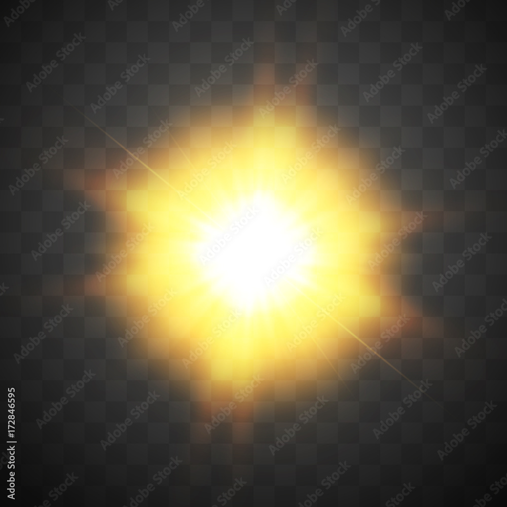 Shining vector golden sun with light effects. Flares and gleams rounded ...