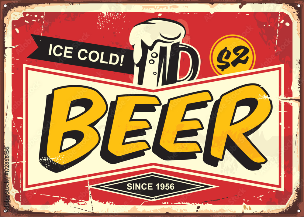 Beer vintage tin sign for cafe bar or pub decoration. Comic style retro ...