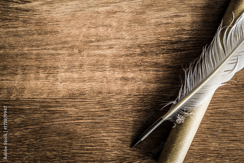 Old quill pen with old paper scroll on the dark wooden table. Letter ...