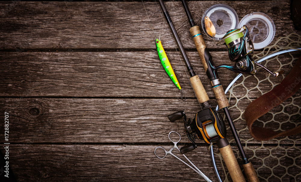 Fishing tackle background. Stock-Foto | Adobe Stock