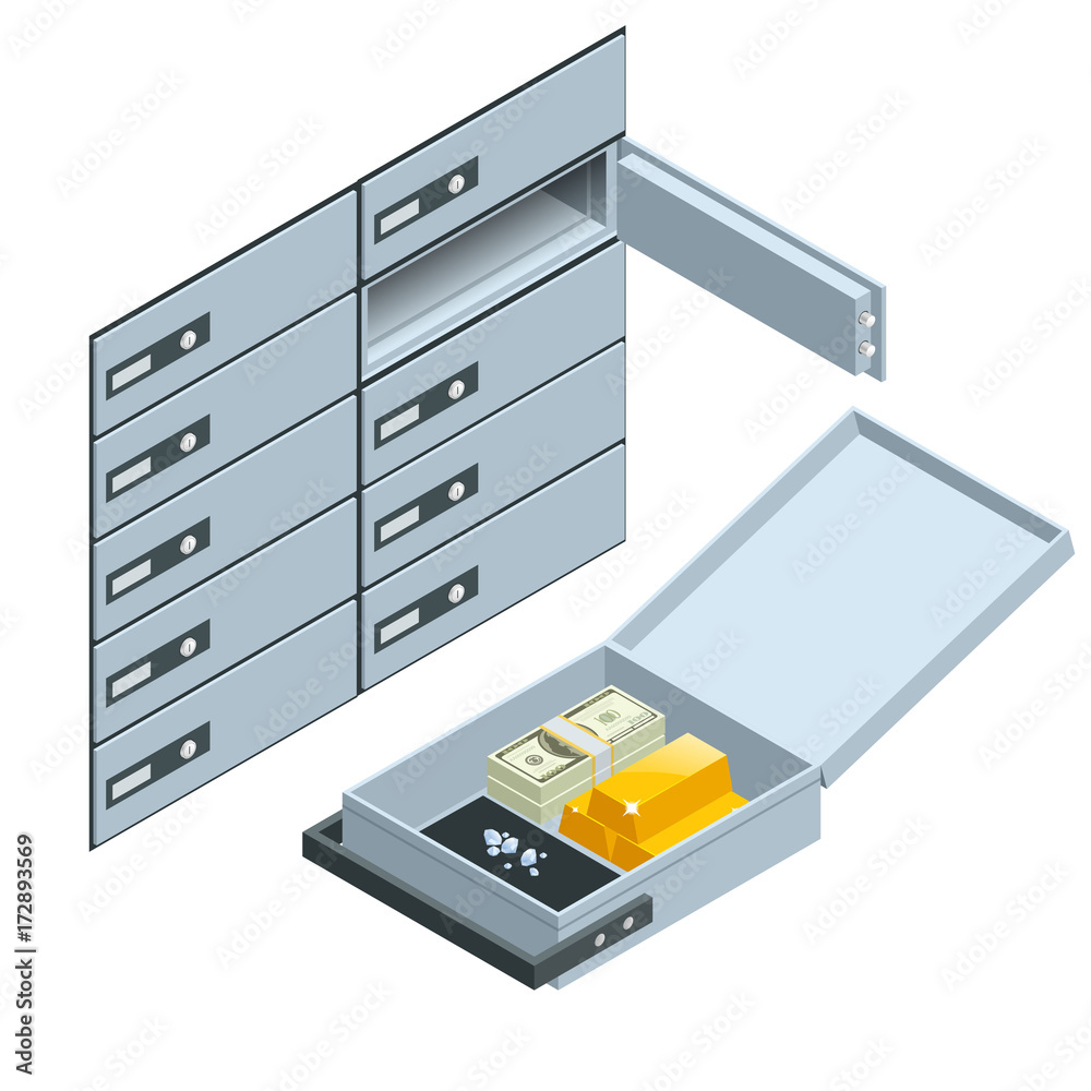 Safe Deposit Boxes. Open safe deposit box with golden ingots. Financial ...