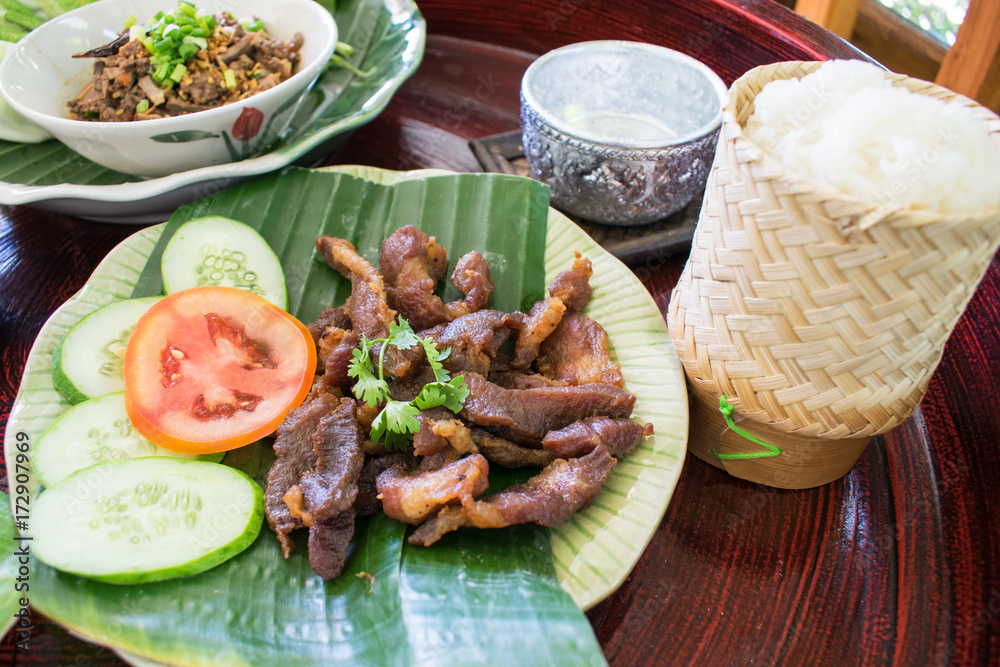 Deep fried pork and sticky rice (steamed glutinous rice). Stock Photo ...