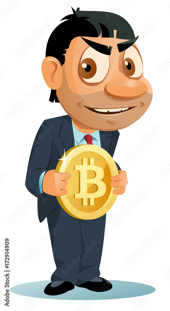 Funny man in a suit holds bitcoin simbol. Cartoon styled vector ...