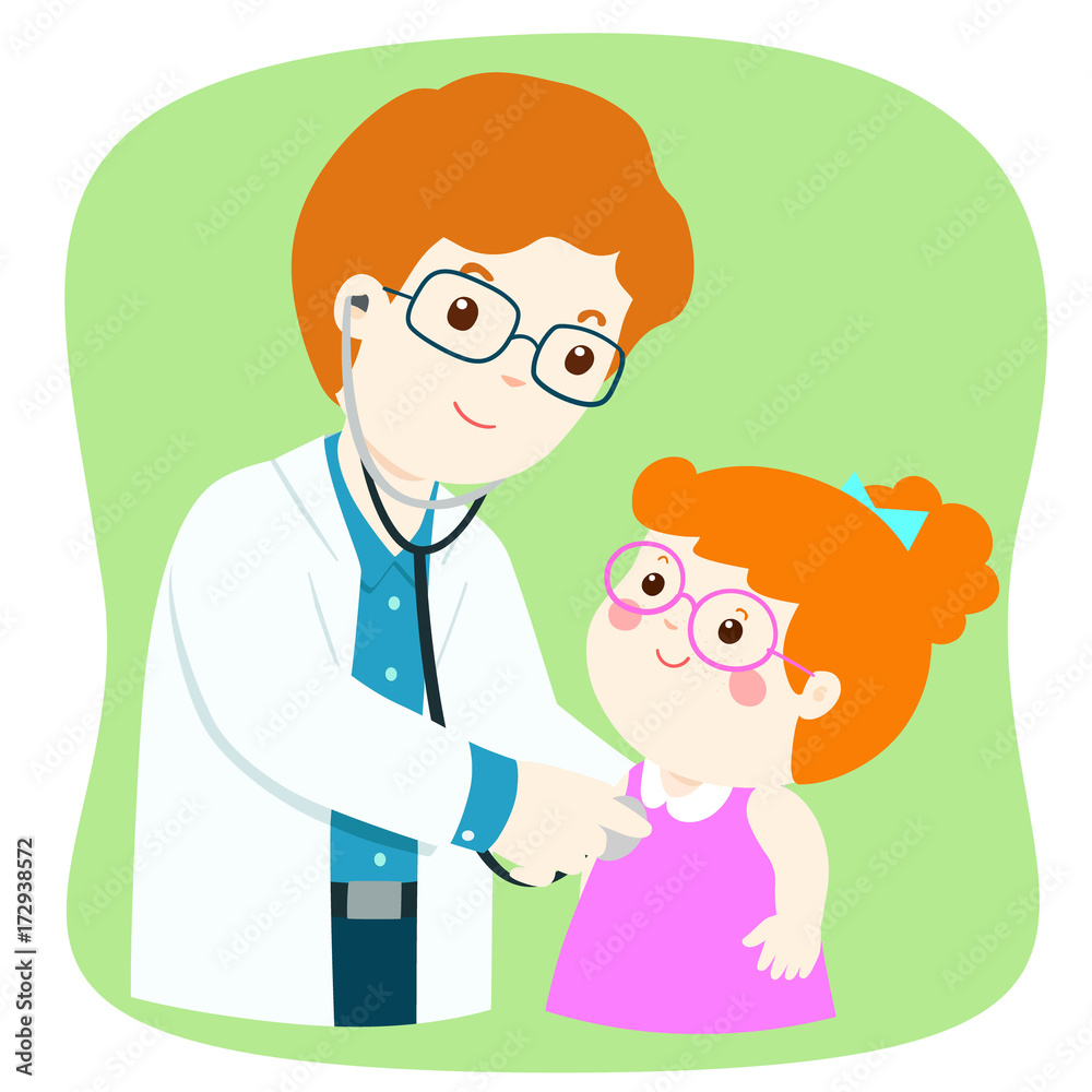 Little girl on medical check up with male pediatrician doctor cartoon ...