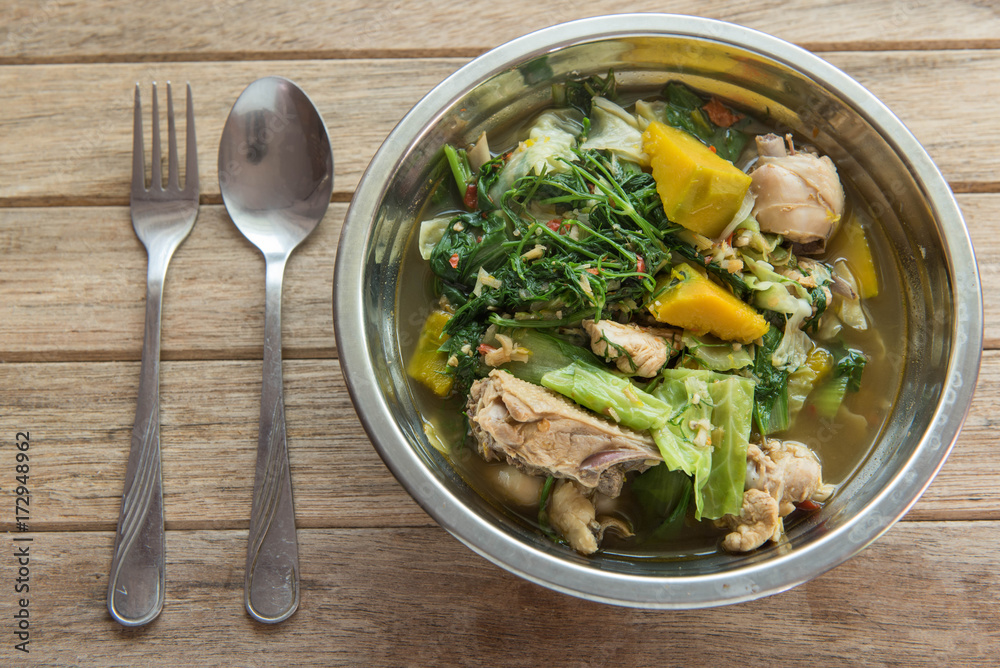 Chicken and mixed vegetables spicy soup with pickled fish,Gaeng Om,Thai ...