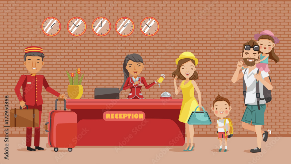 Check in Family checking in hotel at lobby.receptionist holds a key ...