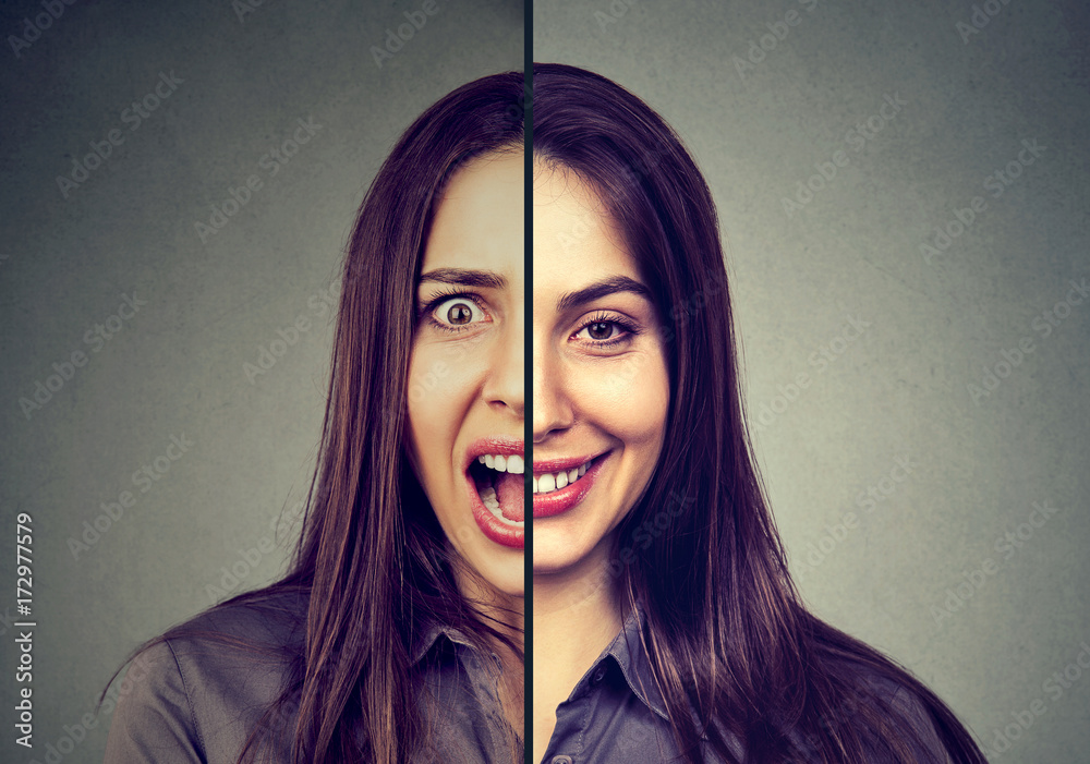 Bipolar disorder and split personality concept. Woman with double face ...