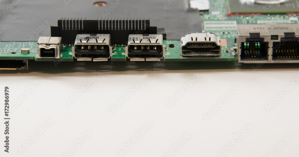 close up part of motherboard from laptop computer. USB lan and hdmi ...