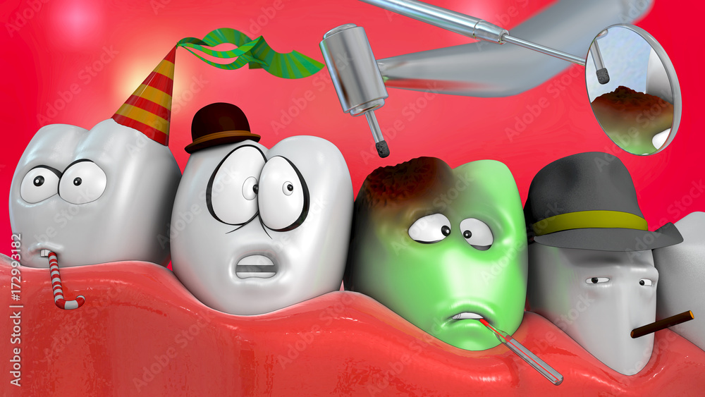 3d illustration of comic tooth with dentist drill and mirror Stock ...