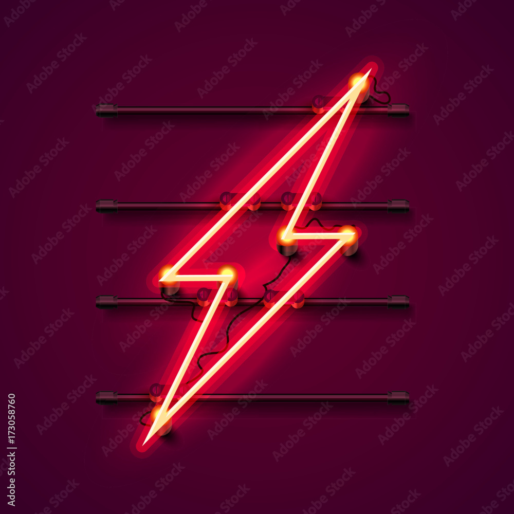 Neon sign of lightning signboard on the red background. Vector ...