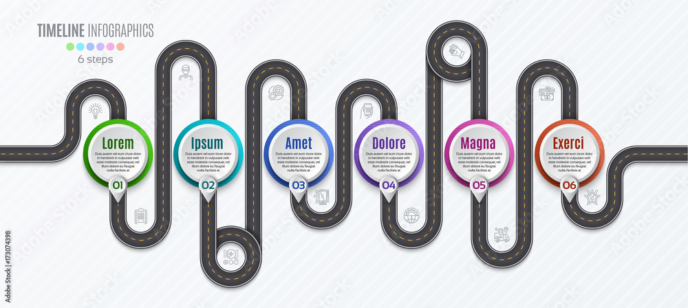 Navigation map infographic 6 steps timeline concept. Winding roa Stock ...