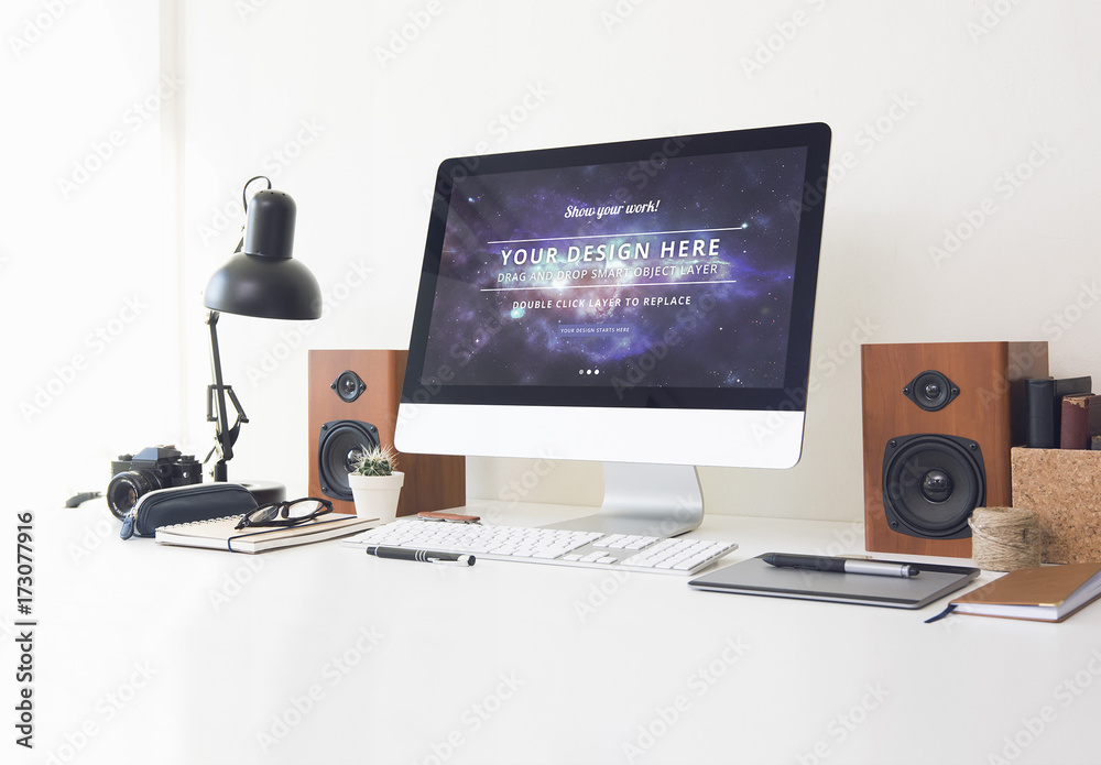 Desktop Computer at an Office Desk Mockup 6 Stock Template | Adobe Stock