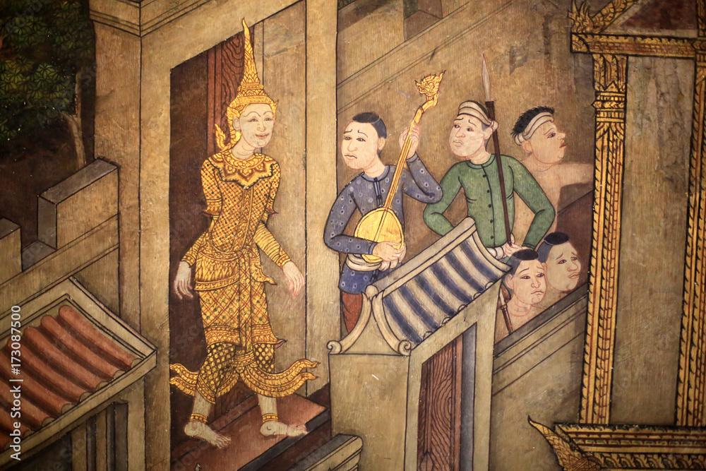 Prince Rama. Mural detail on inner walls of the Vihara from the era of ...