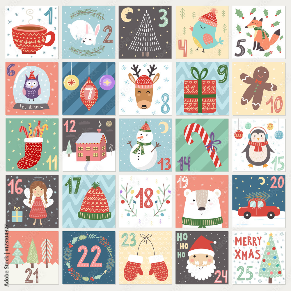 Christmas advent calendar. Winter holidays poster with cute rabbit, fox ...
