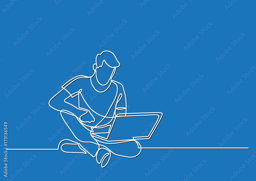 continuous line drawing of man sitting with laptop computer Stock ...