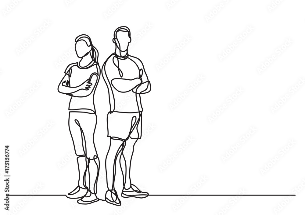 Continuous Line Drawing Of Man And Woman Fitess Instructors Standing