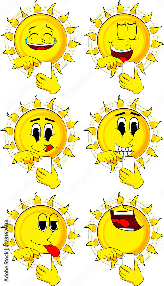 Cartoon sun using a mobile phone. Collection with happy faces ...