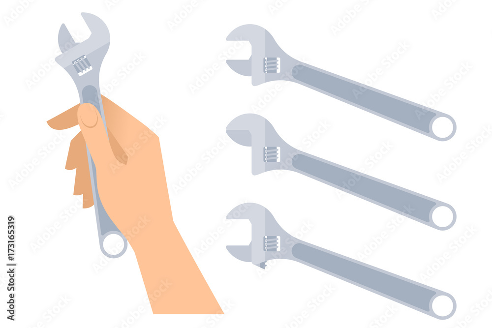 Human hand holds wrench. Flat illustration of male hand with builder ...
