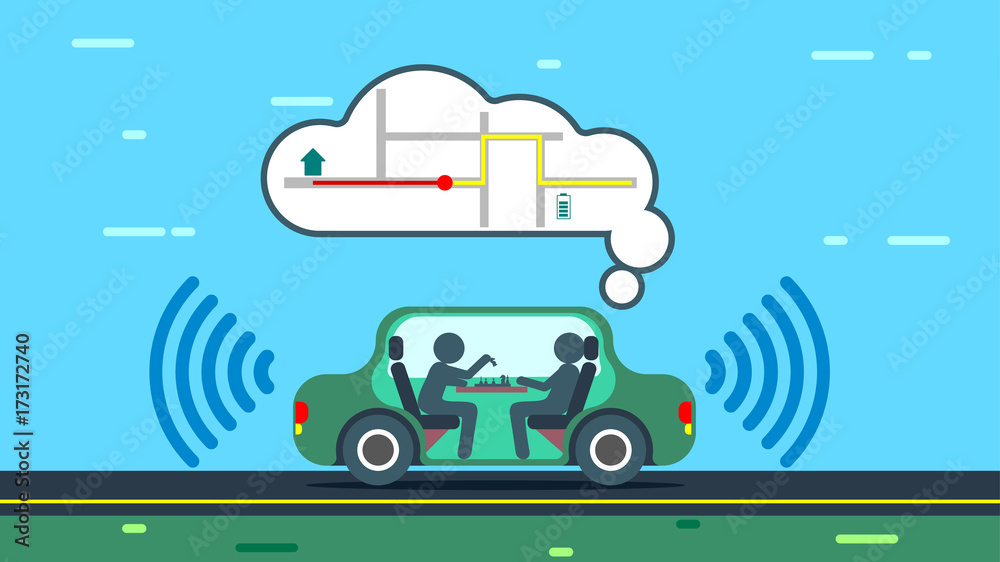 The autonomous car travels along the city road, automatically paves the ...