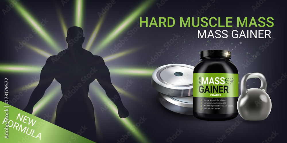 Mass gainer ads. Vector realistic illustration of cans with mass gainer ...