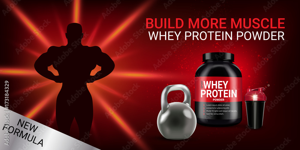 Protein cocktail ads. Vector realistic illustration of cans and shake ...