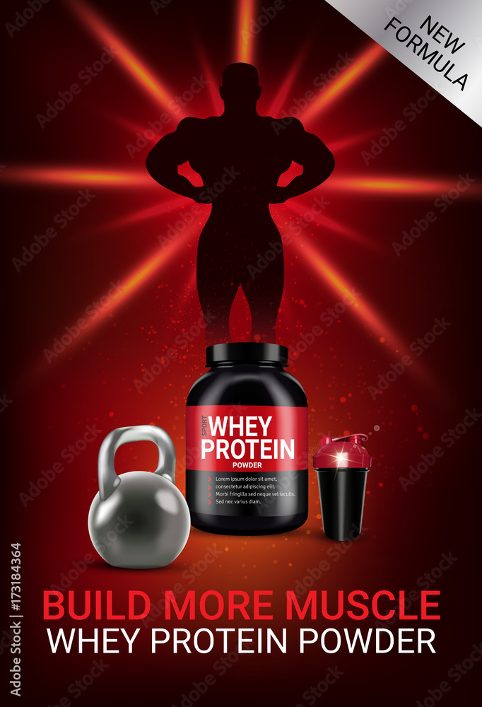 Protein cocktail ads. Vector realistic illustration of cans and shake ...